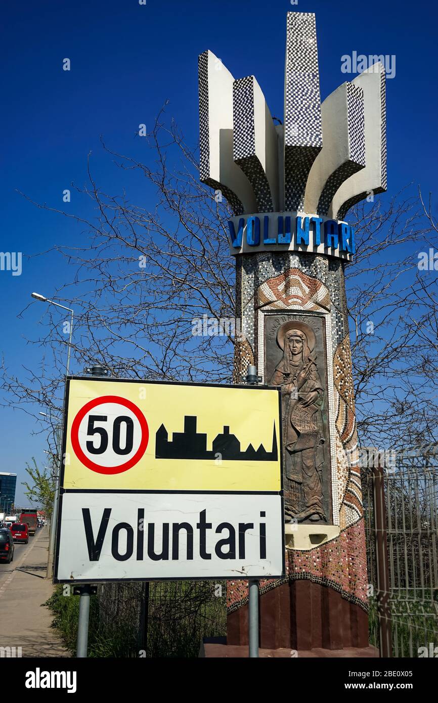 Voluntari, Romania - April 08, 2020: Voluntari city entrance sign ...