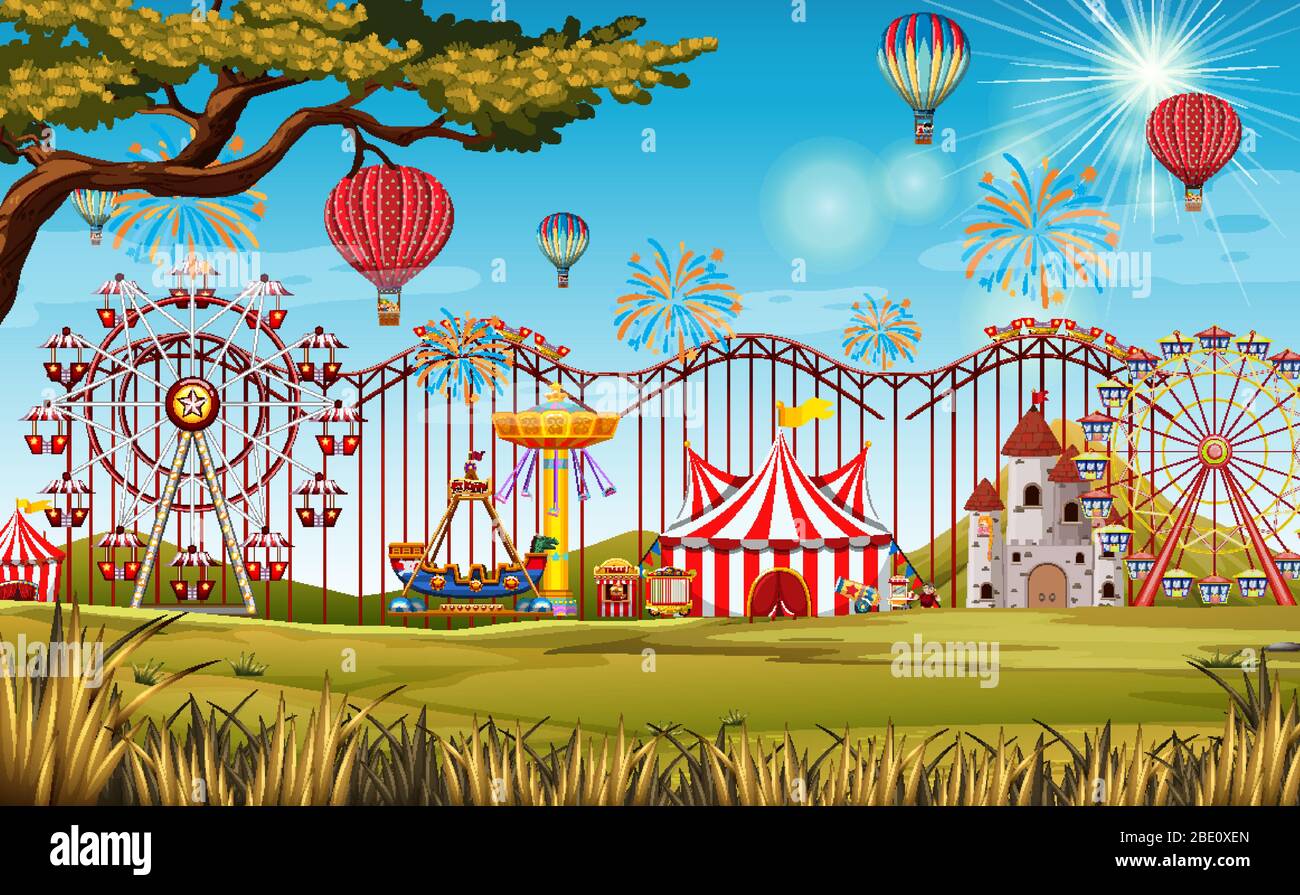 Themepark scene with many rides in the big field illustration Stock ...