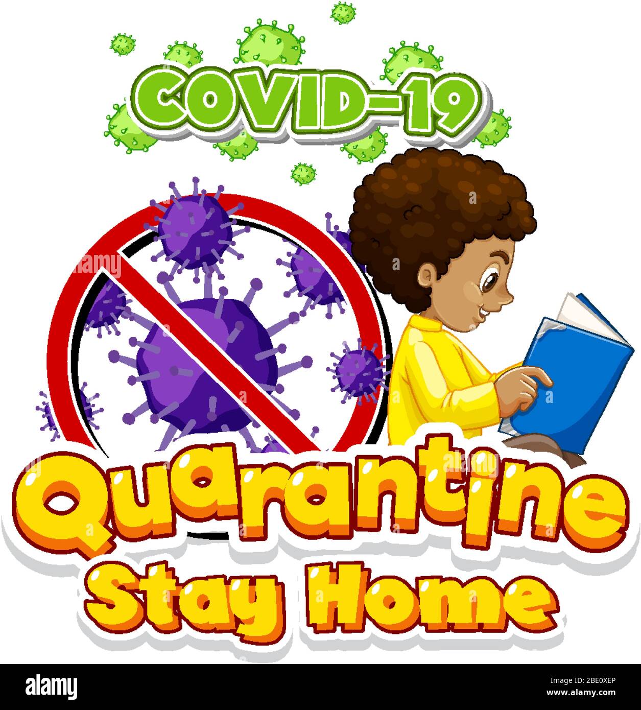 Font design for word quarantine with boy reading book illustration ...