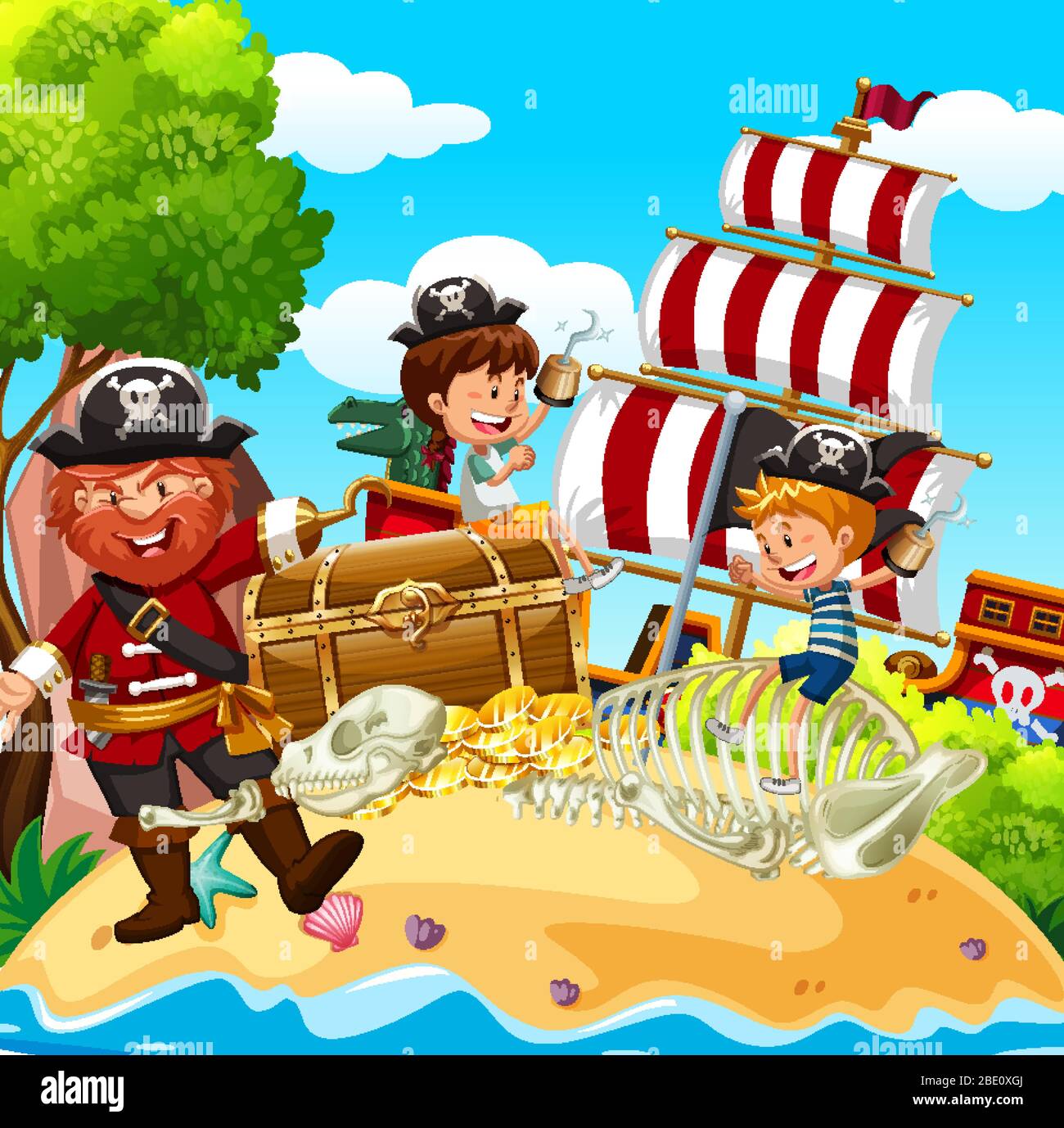 Scene with pirate and treasure chest on the island illustration Stock ...