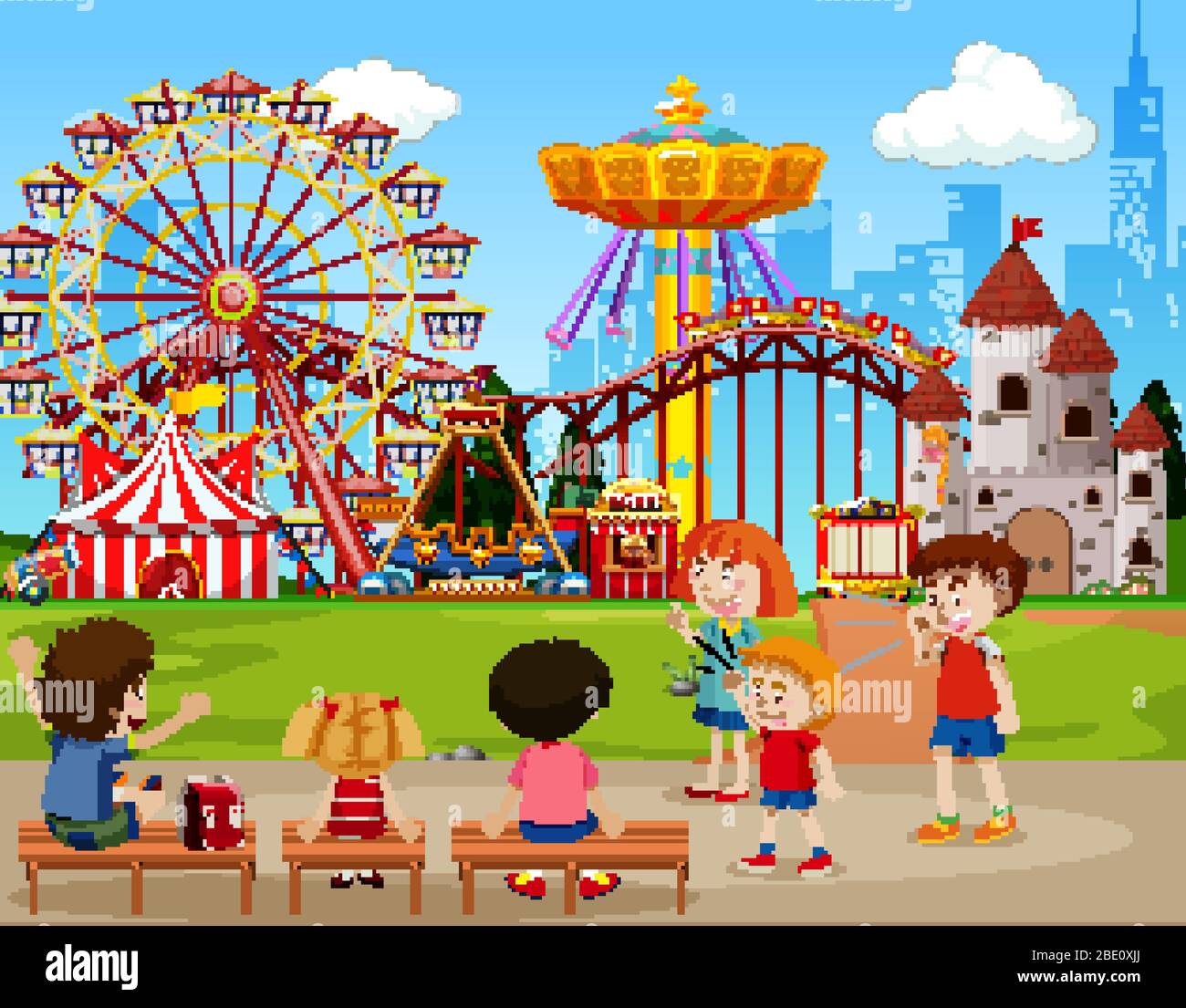 Themepark scene with many rides and happy children illustration Stock ...