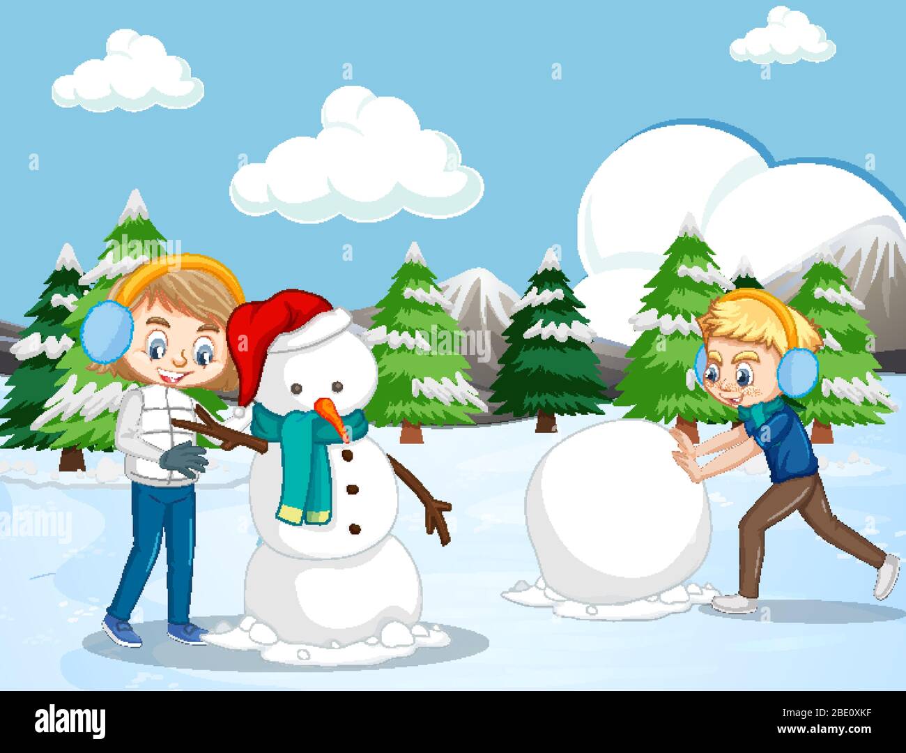 Scene with kids making snowman in the snow field illustration Stock ...