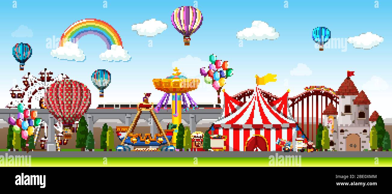 Themepark scene with many rides at day time illustration Stock Vector ...