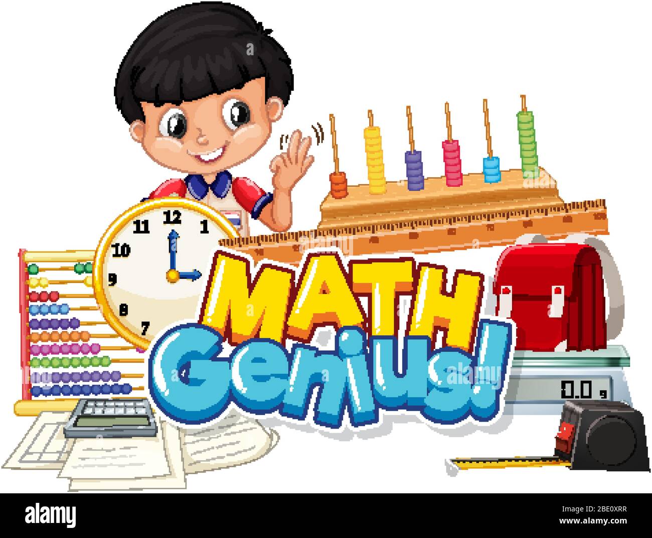 Font design for word math genius with boy and school items illustration ...
