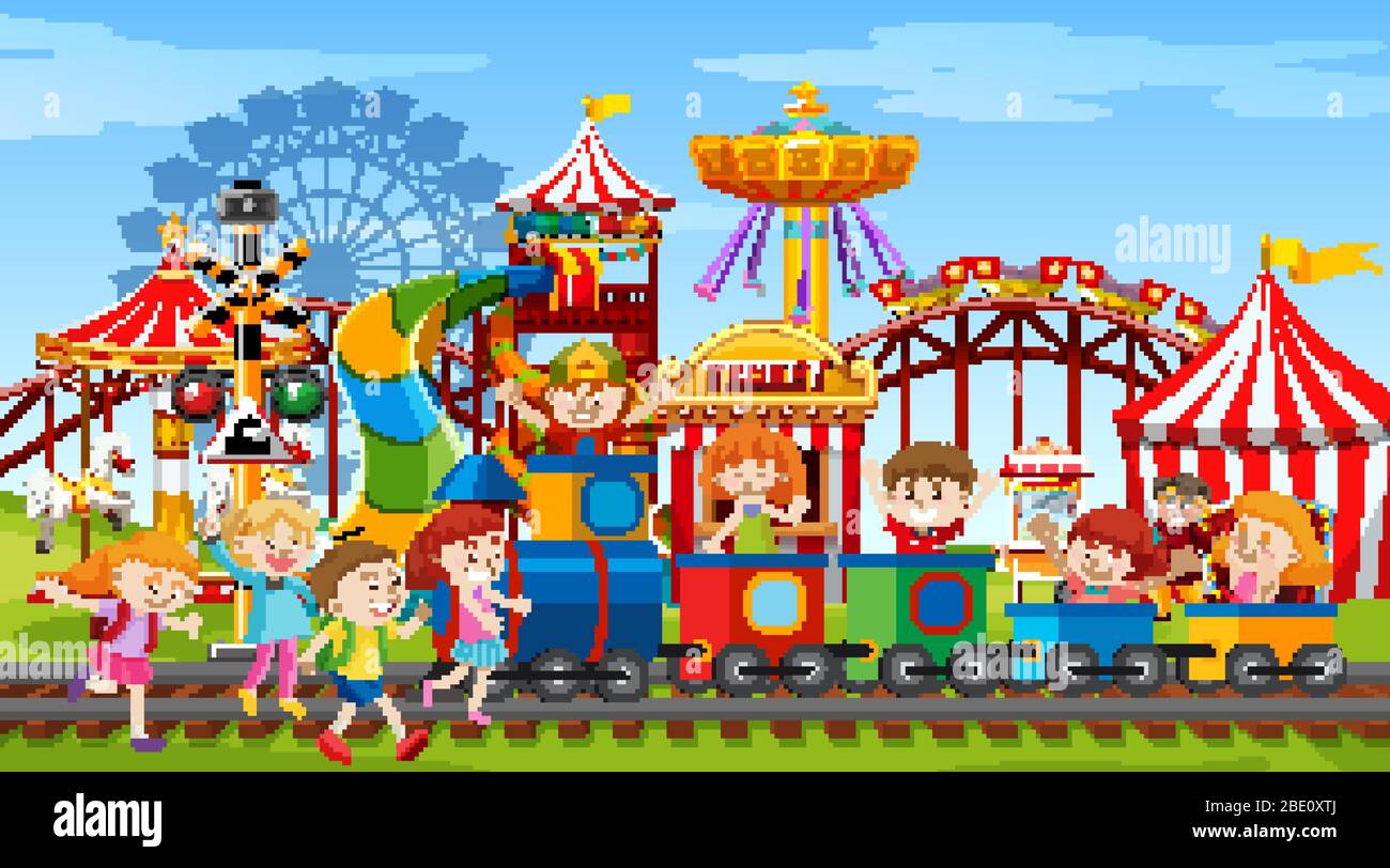 Themepark scene with many rides and happy children illustration Stock ...
