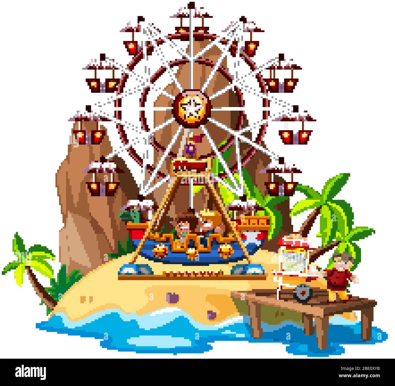 Scene wtih kids playing on circus rides on the island illustration ...