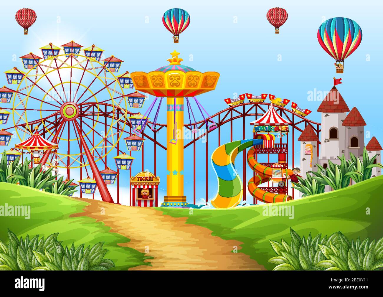 Themepark scene with many rides in the field illustration Stock Vector ...