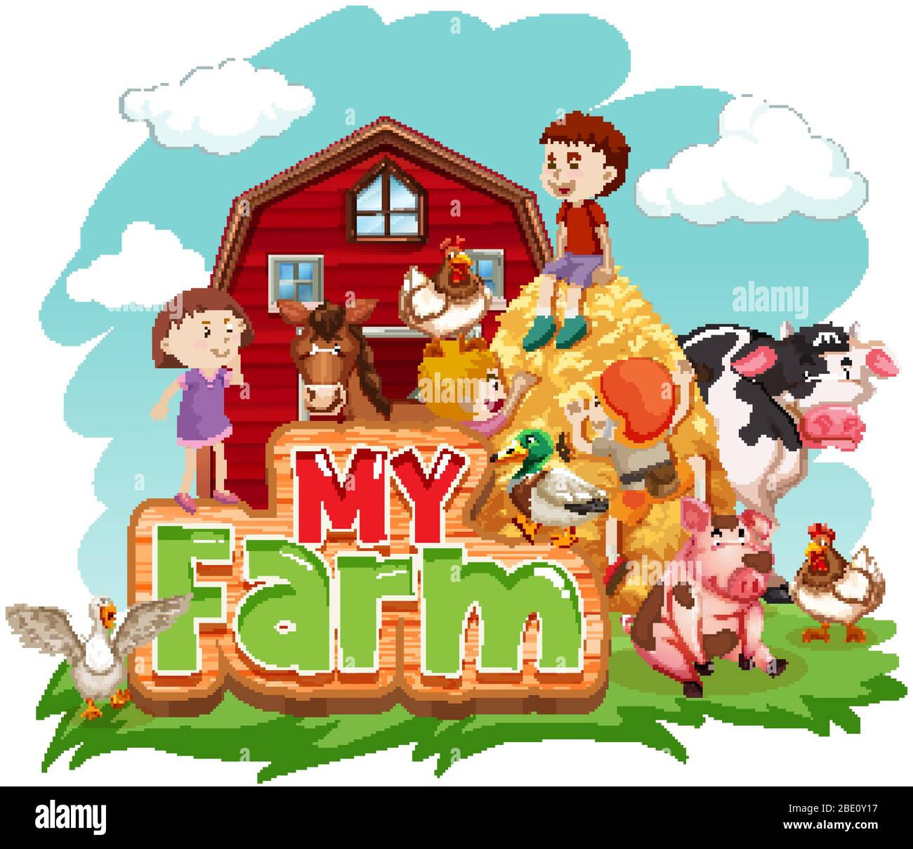 Font design for word my farm with animals and kids illustration Stock ...