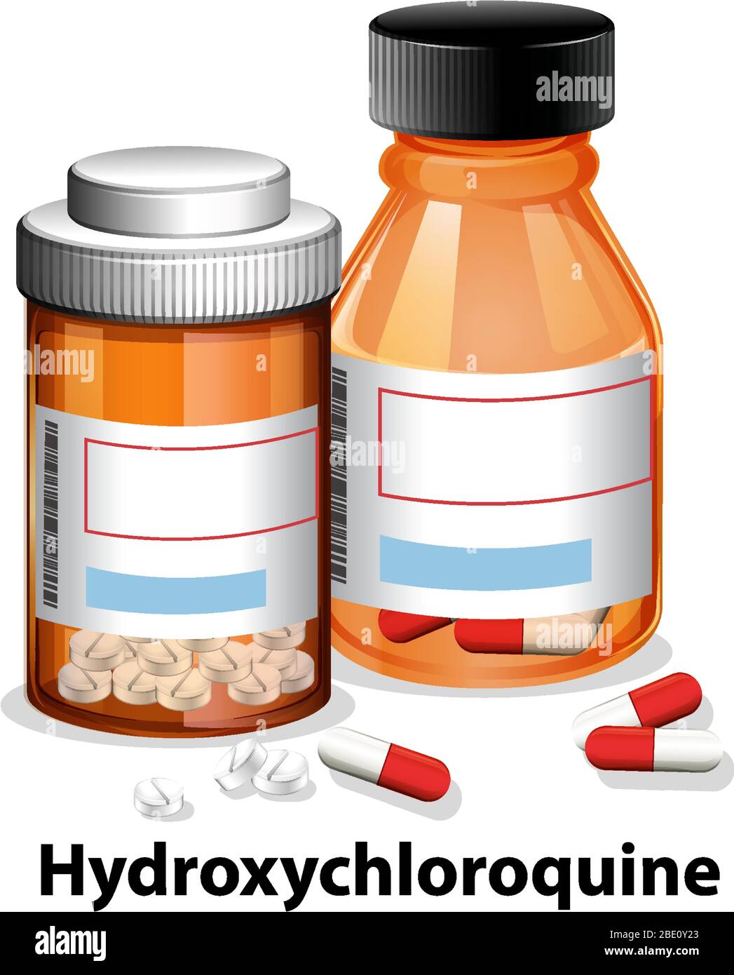 Hydroxychloroquine pills in two bottles on white background ...