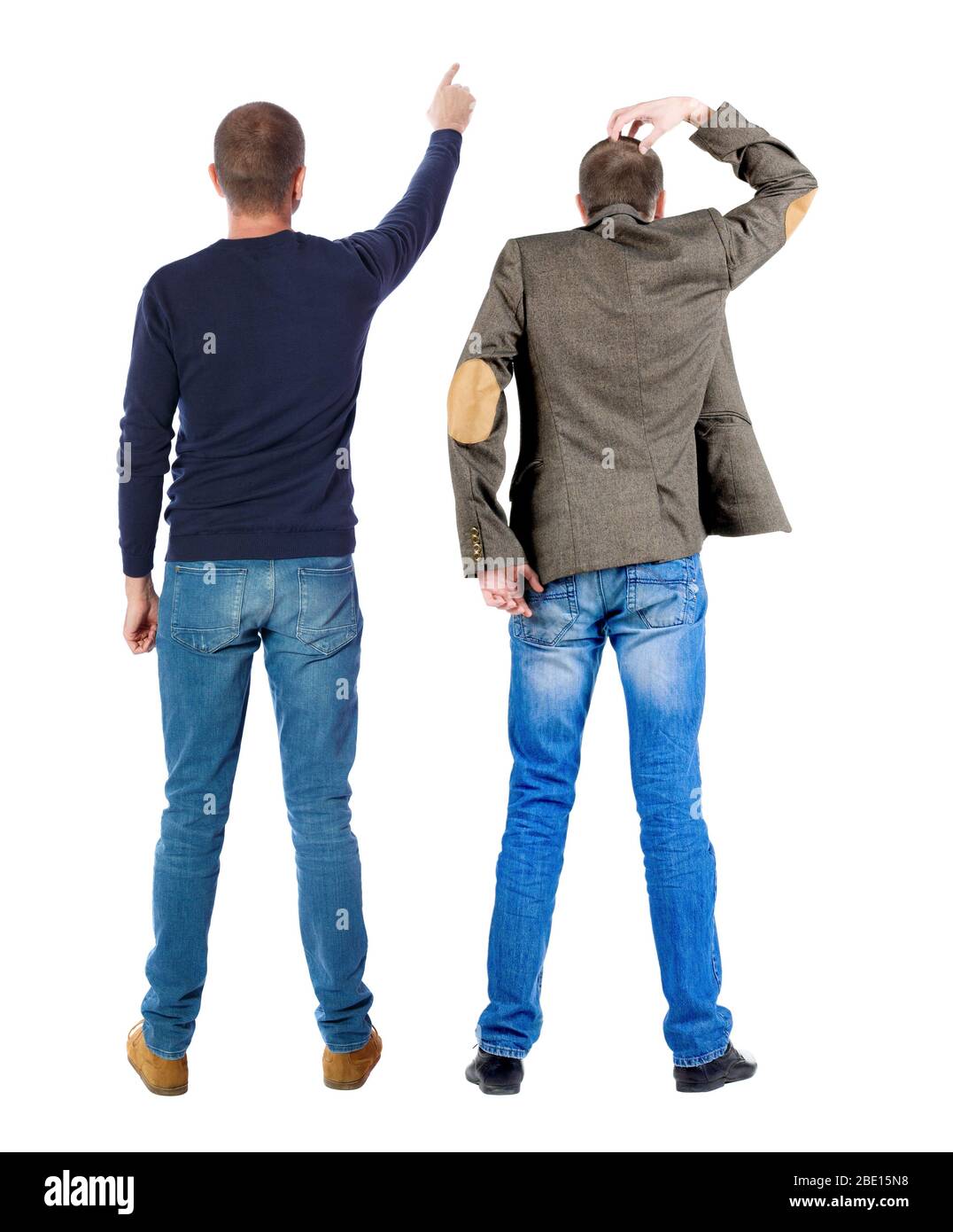 Back view of two man in sweater pointing. Rear view people collection ...