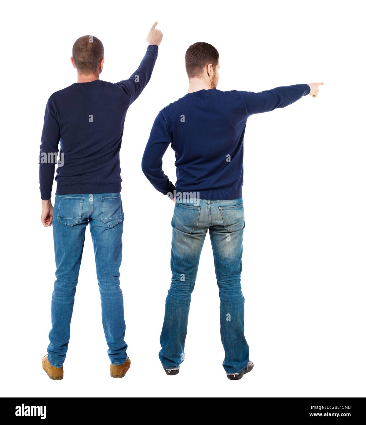 Back view of two man in sweater pointing. Rear view people collection ...