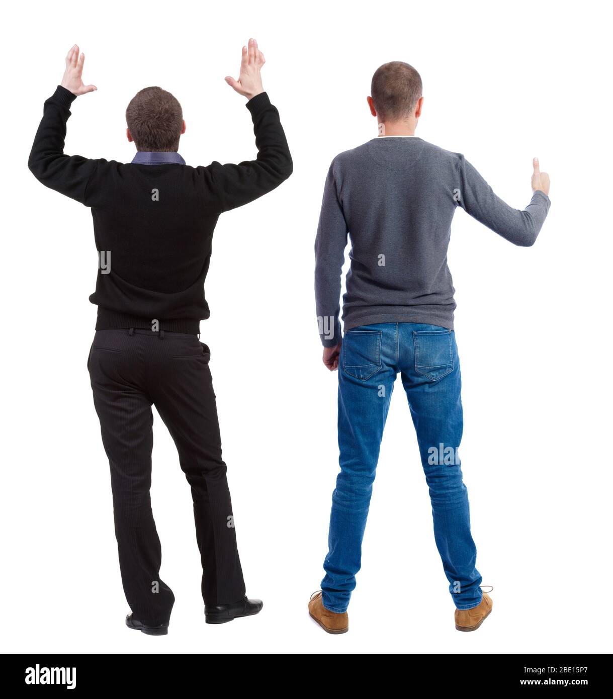 Back view two man in sweater showing thumb up. Rear view people ...