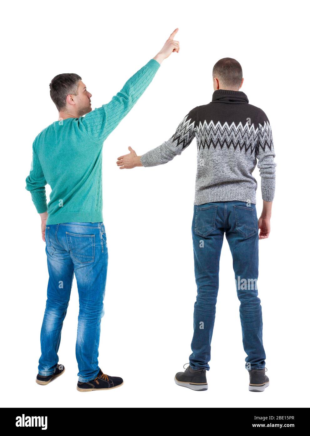 Back view of two man in sweater pointing. Rear view people collection ...