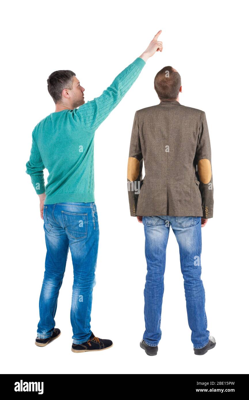 Back view of two man in sweater pointing. Rear view people collection ...
