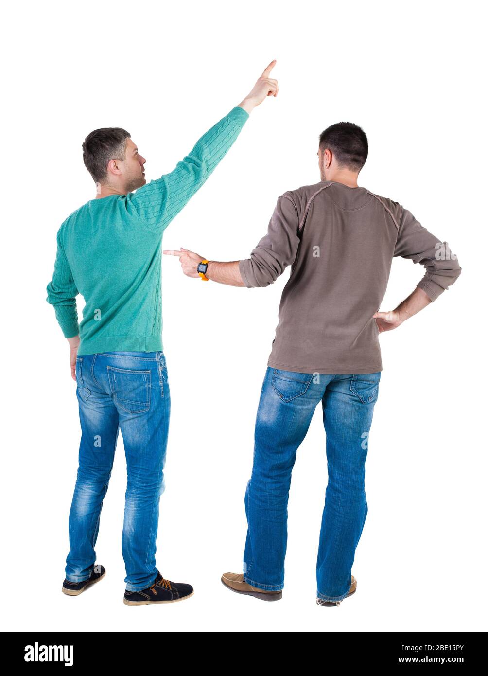 Back view of two man in sweater pointing. Rear view people collection ...