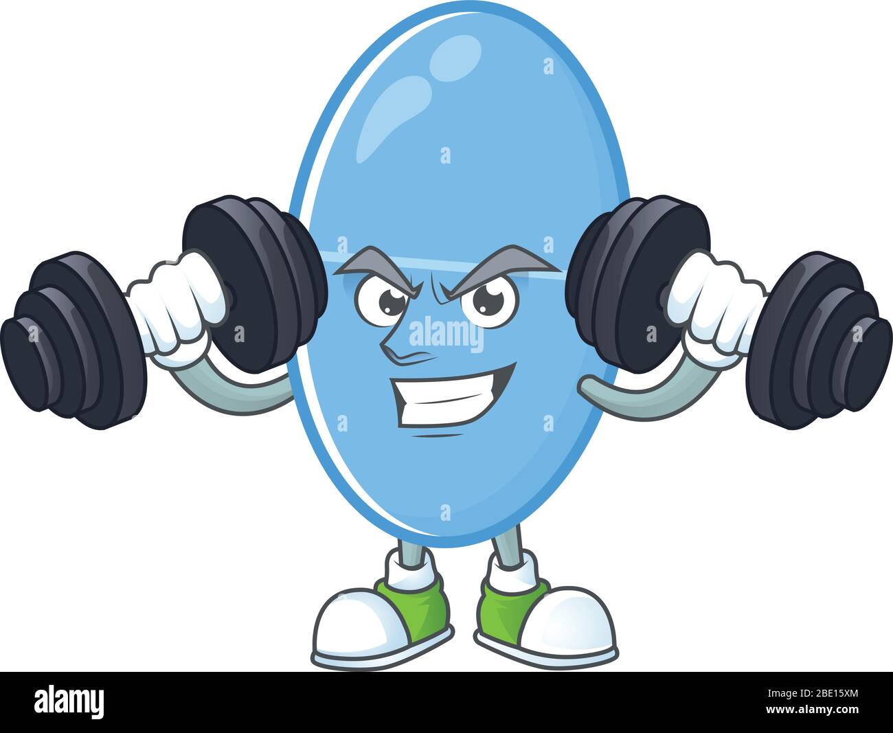 Fitness exercise blue capsule cartoon character using barbells Stock ...