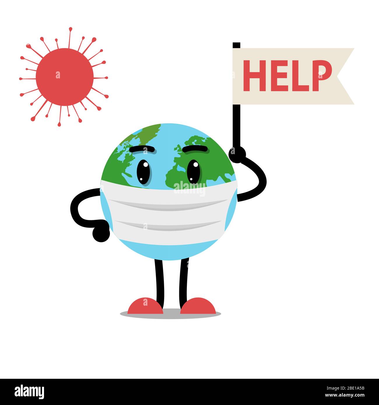 Sad Earth planet ask help character on a medical mask.Vector flat style ...