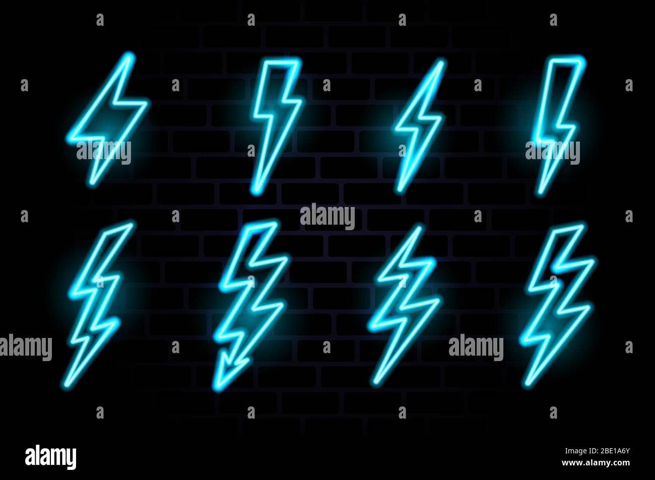 Neon bolt. Electric flash lighting sign. Light power thunder icon. Glow ...