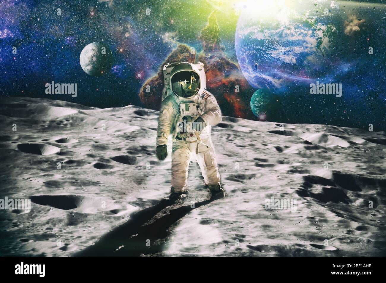 Astronaut looks up at an alien sun that illuminates the barren world he ...