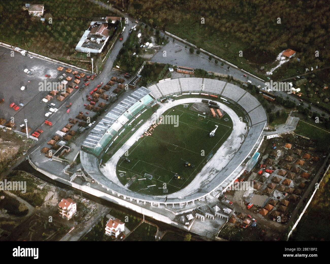 An aerial view of the soccer stadium, used as a landing site for ...