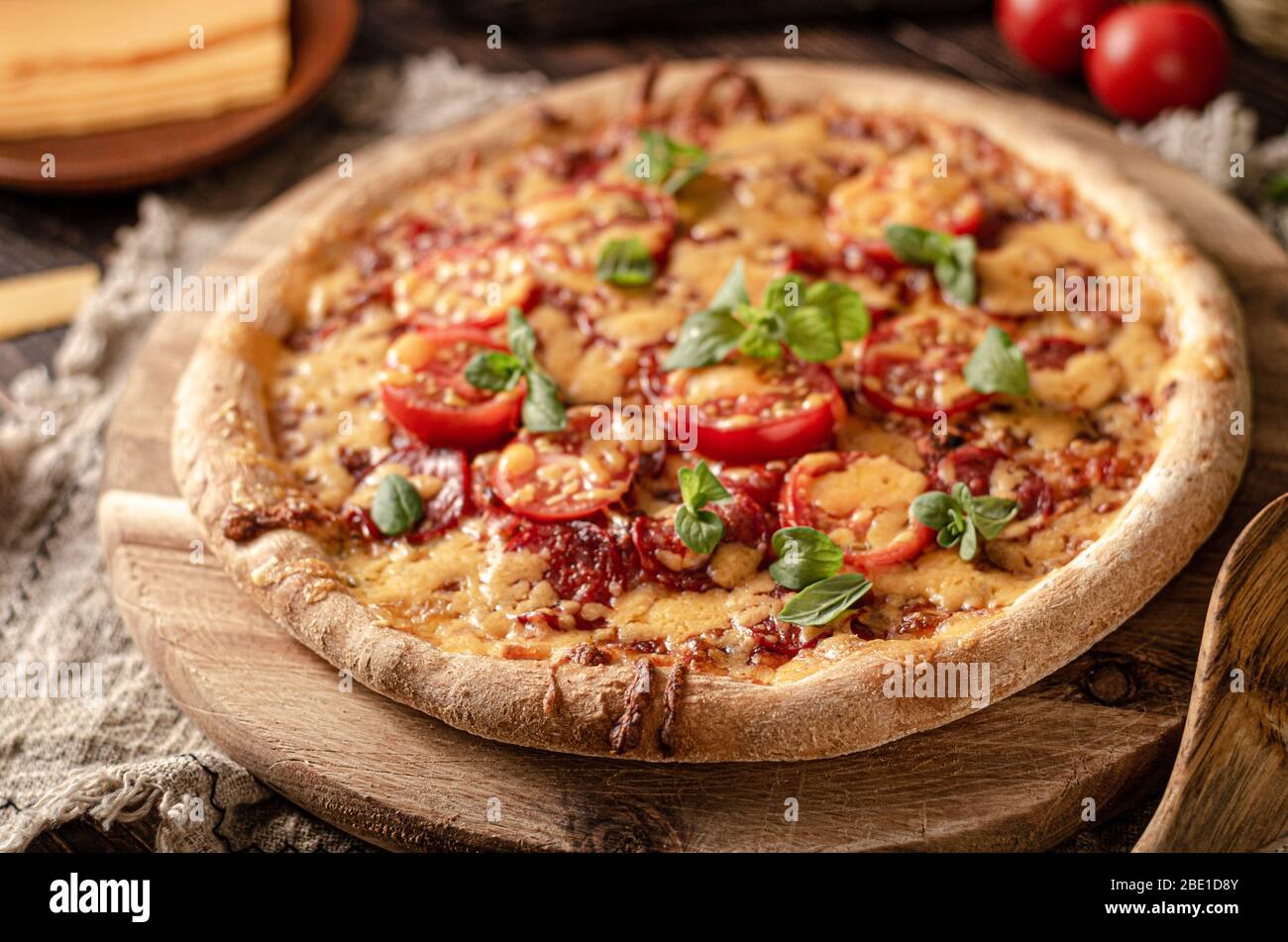 Rustic homemade pizza with sharp cheddar chesse and spicy salami Stock ...