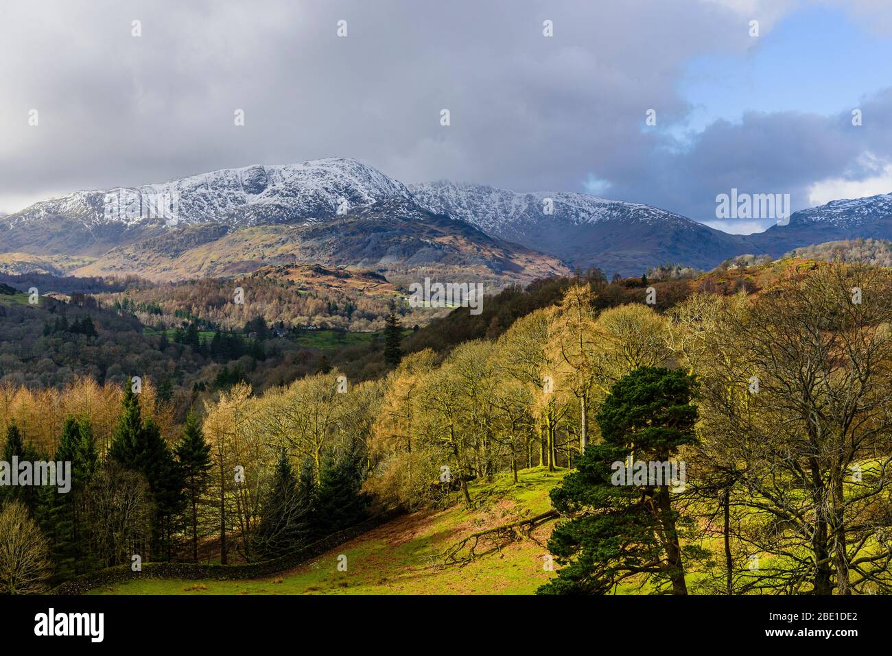 Wetherlam, Great Carrs and Wrynose Pass from the slopes of Loughrigg ...