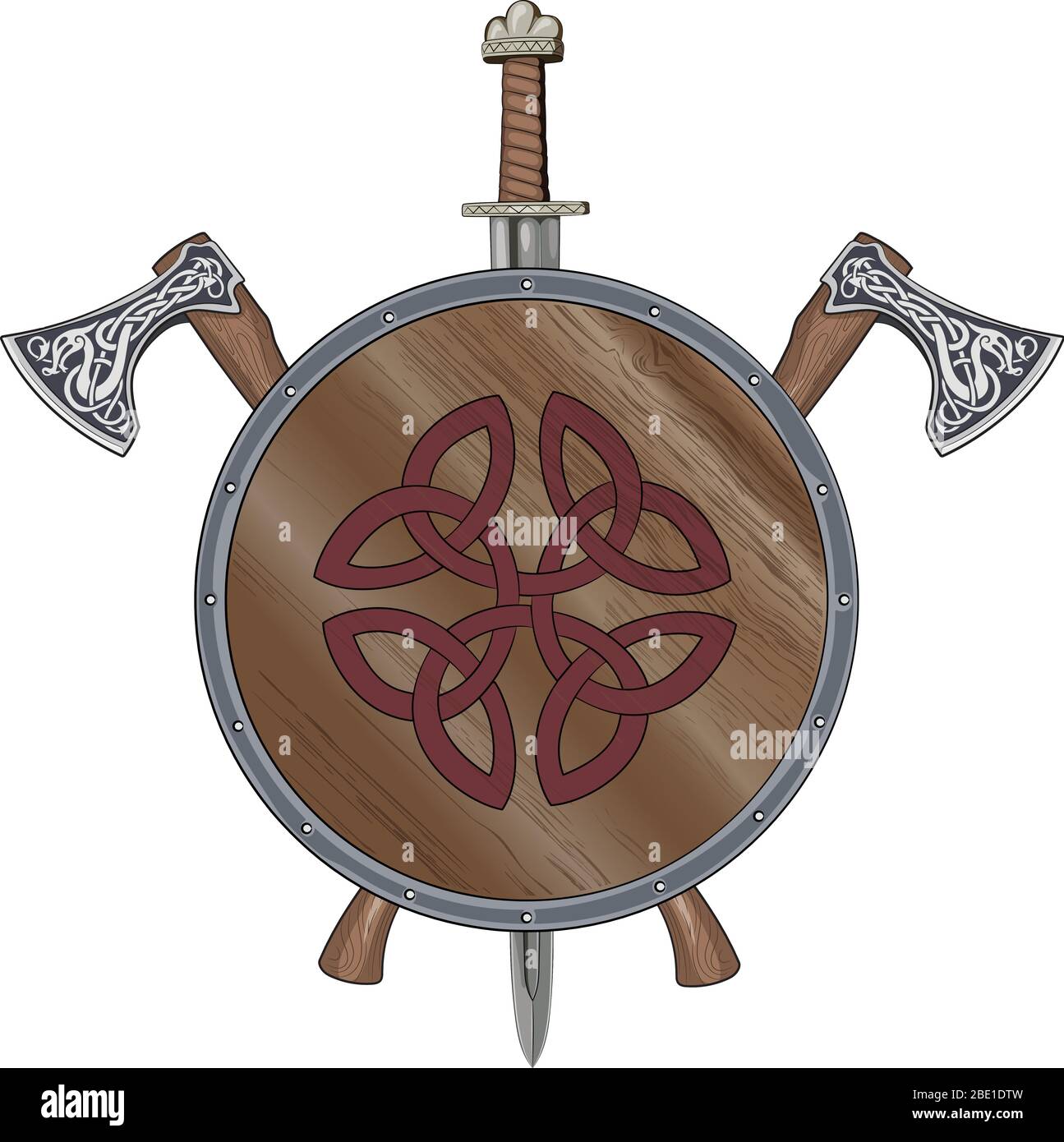 Two Viking axe, sword end shield decorated scandinavian runes and ...