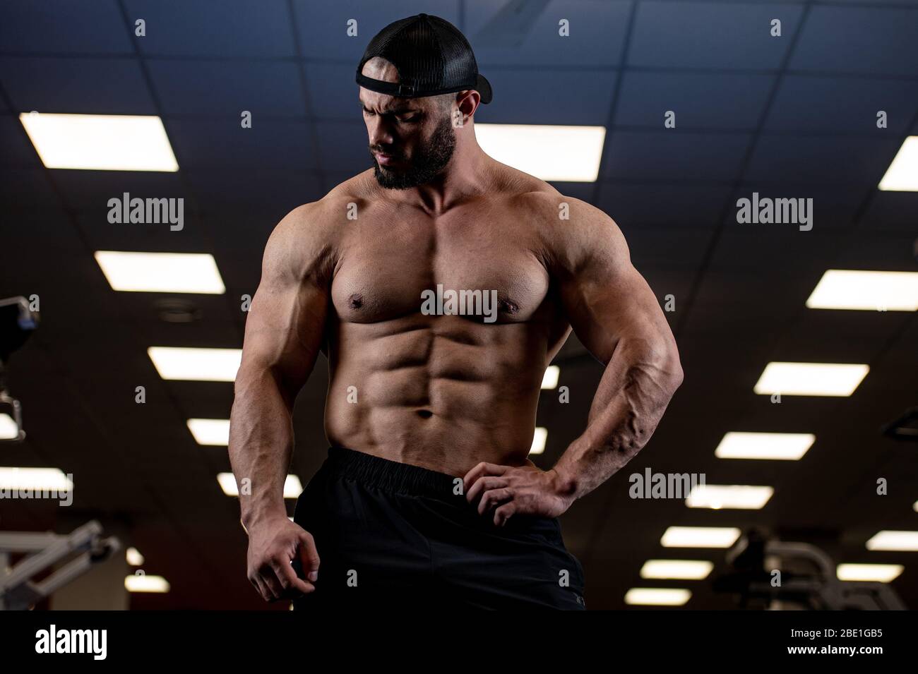 strong young bearded man with perfect abdominal muscles in blue lit ...