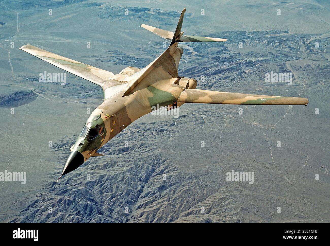 1980 - An air-to-air front view of a B-1 bomber with its new camouflage ...