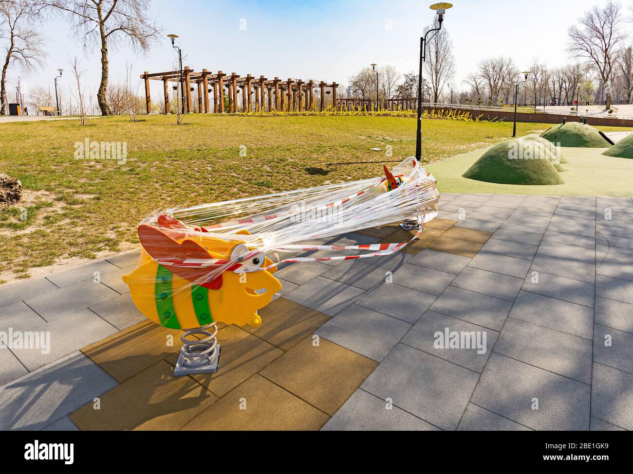 Children's playground, in Kiev, Ukraine, closed due to containment due ...