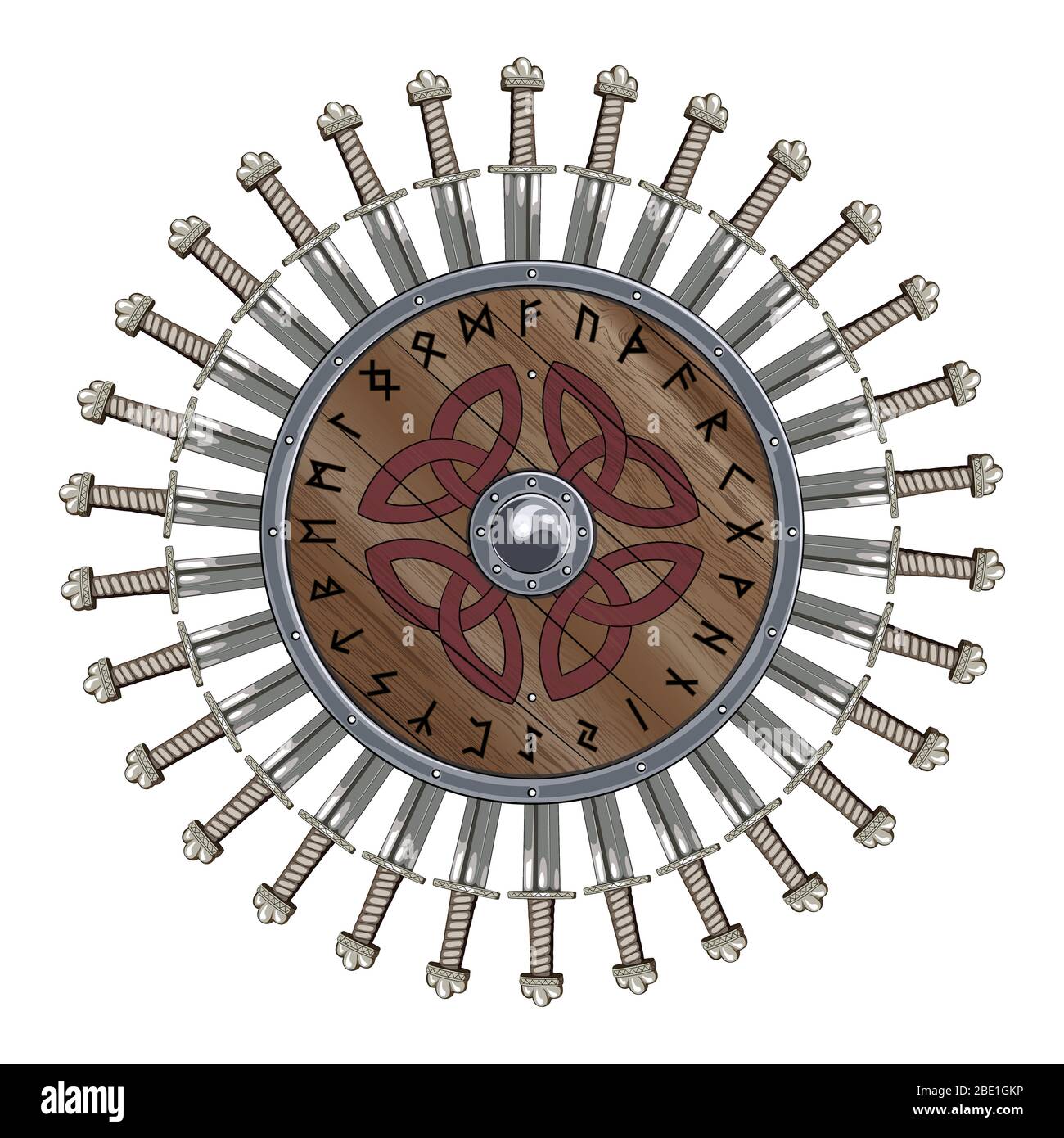 The circle of battle swords Viking, shield Viking decorated with Nordic ...