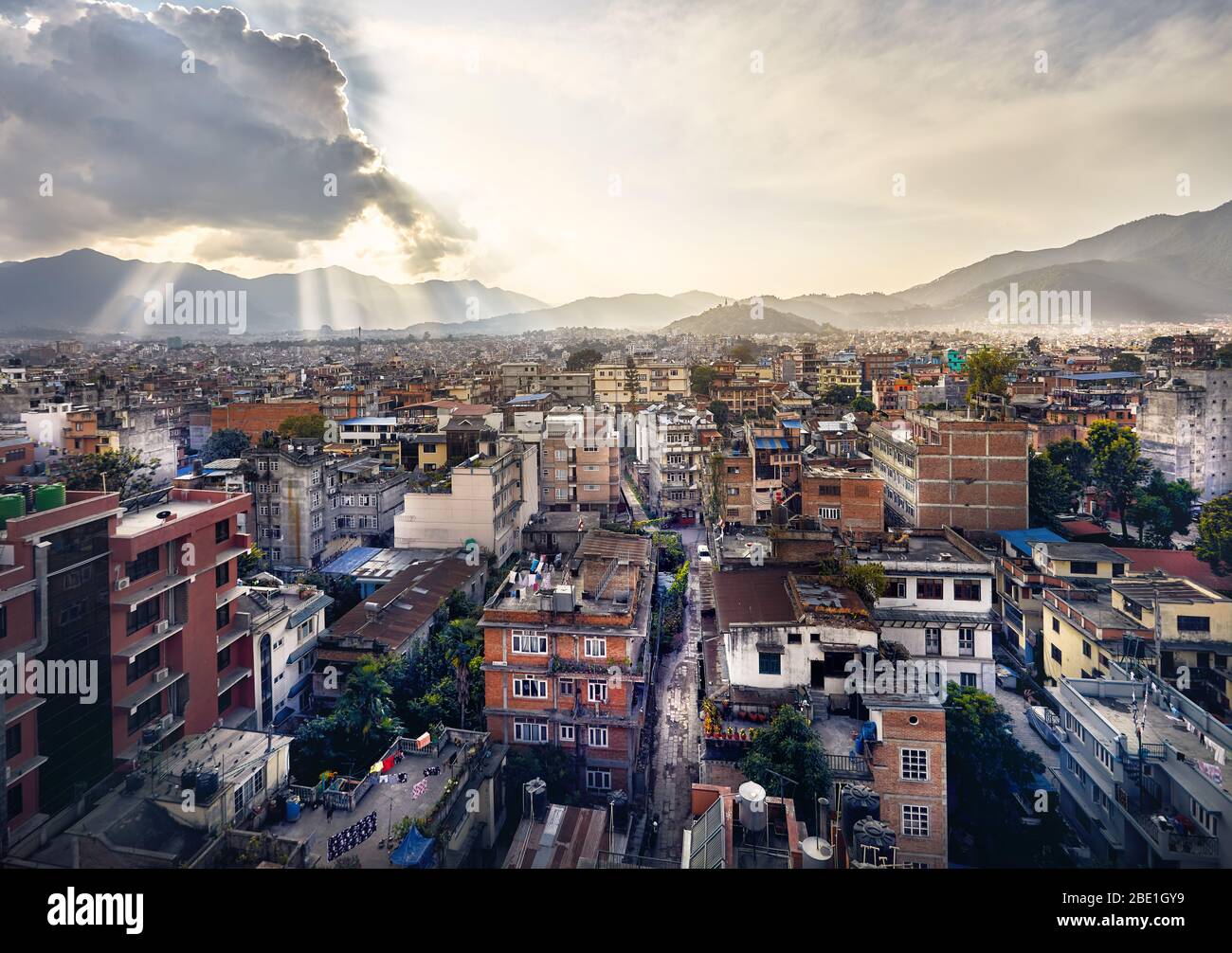 Beautiful view of Kathmandu the capital of Nepal from rooftop at sunset ...