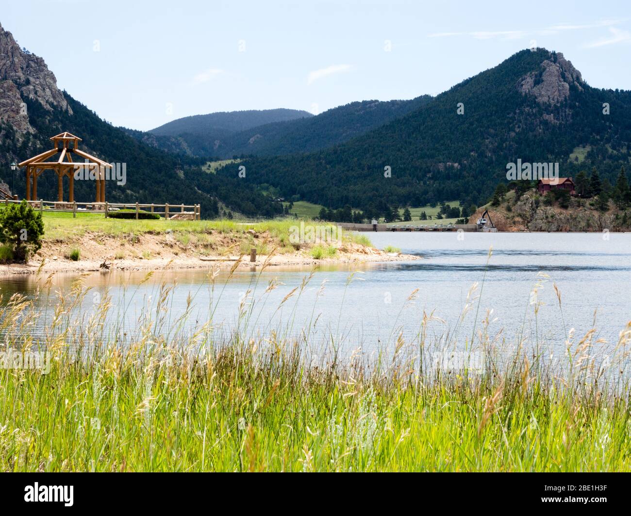 Lake Estes waterfront in the town of Estes Park, Colorado Stock Photo ...