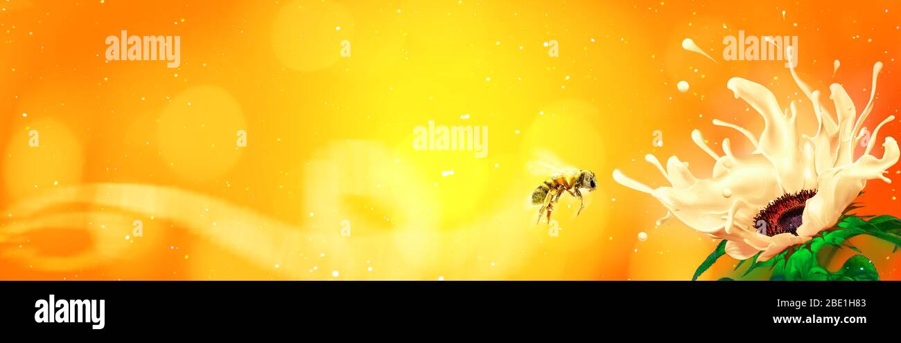 Bee attracted to a beautiful magical flower. Header banner ...