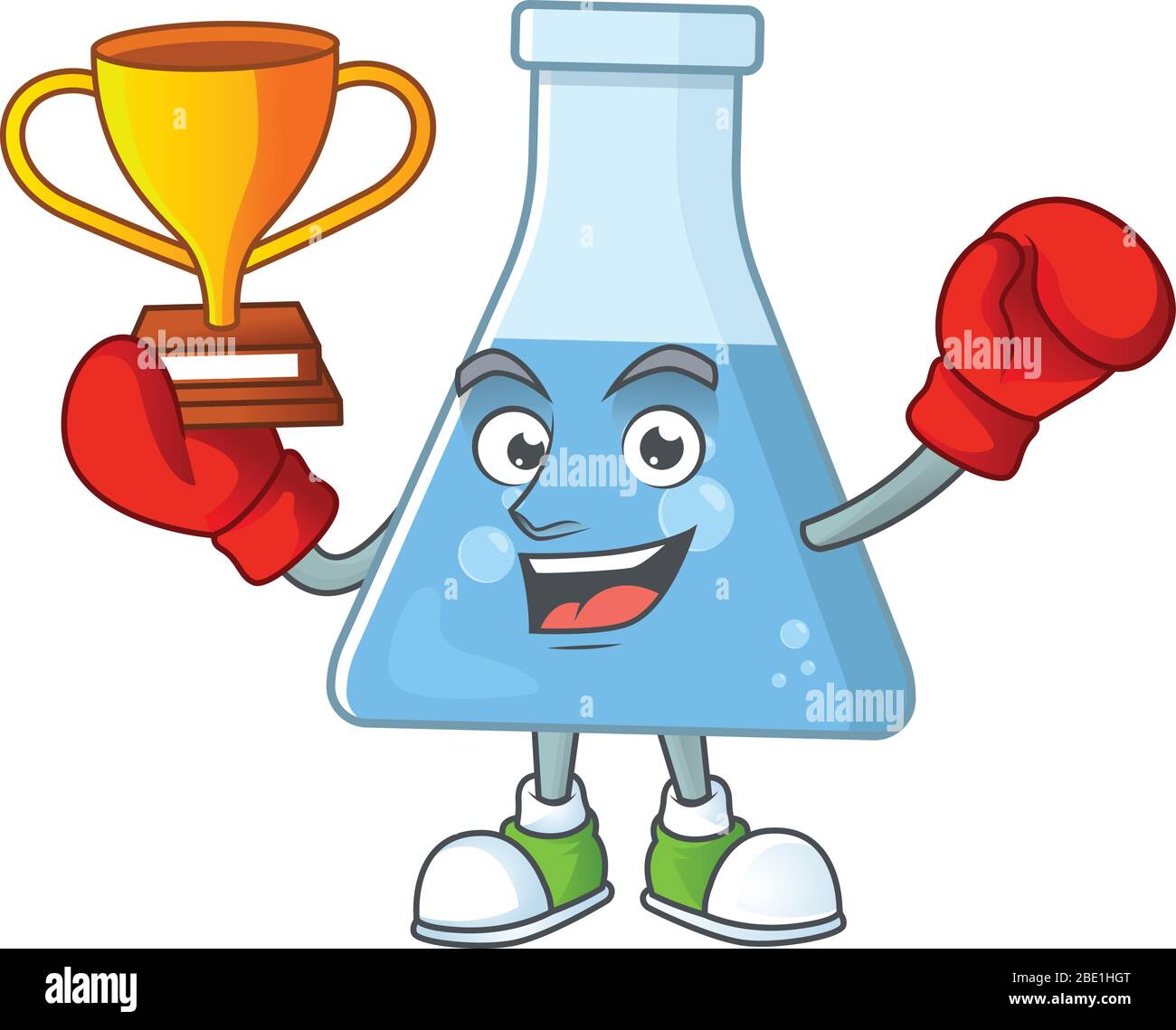 Proudly face of boxing winner blue chemical bottle presented in cartoon ...