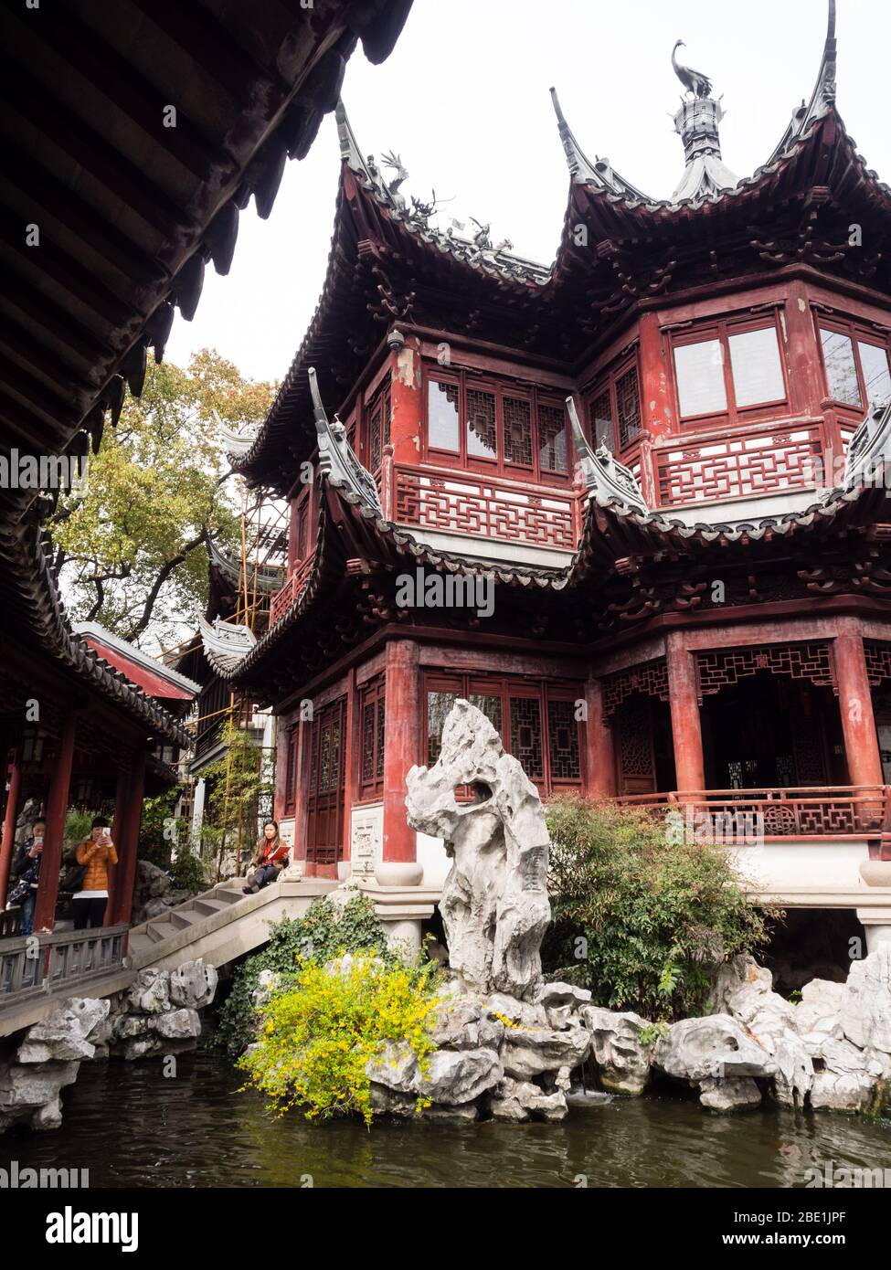 Shanghai, China - March 20, 2016: Red walled pavilion in traditional ...
