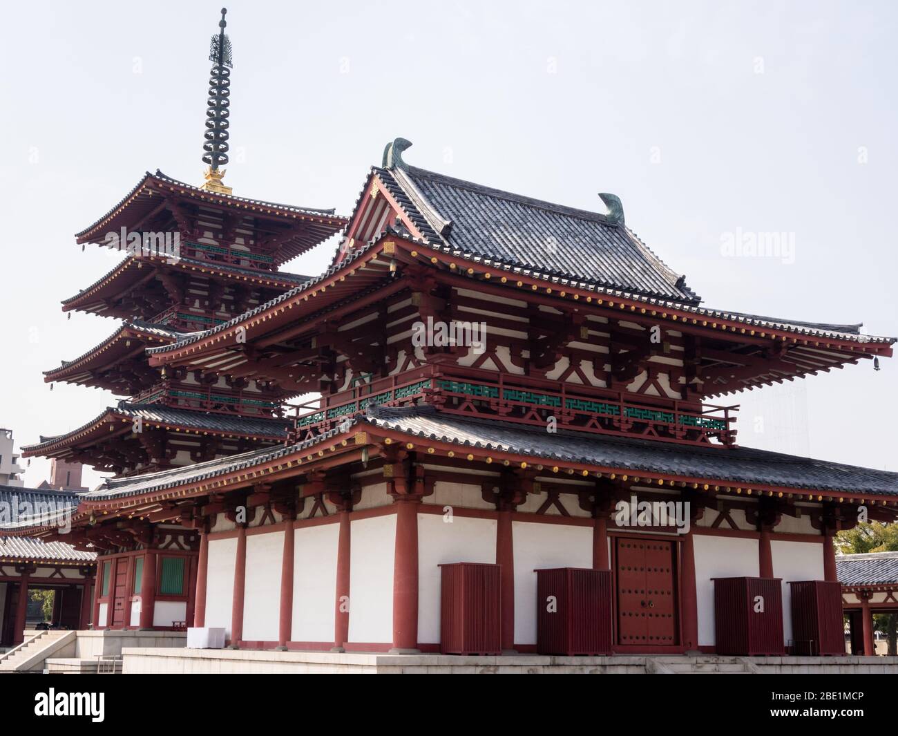 Red five story pagoda and hall of Shitennoji buddhist temple in Osaka ...