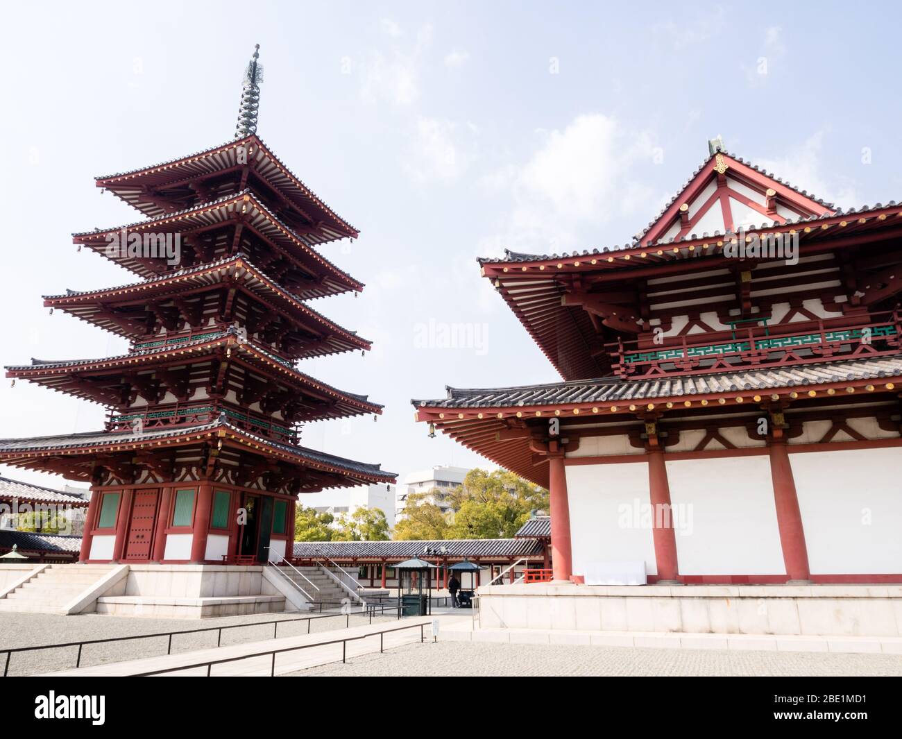 Red five story pagoda and hall of Shitennoji buddhist temple in Osaka ...