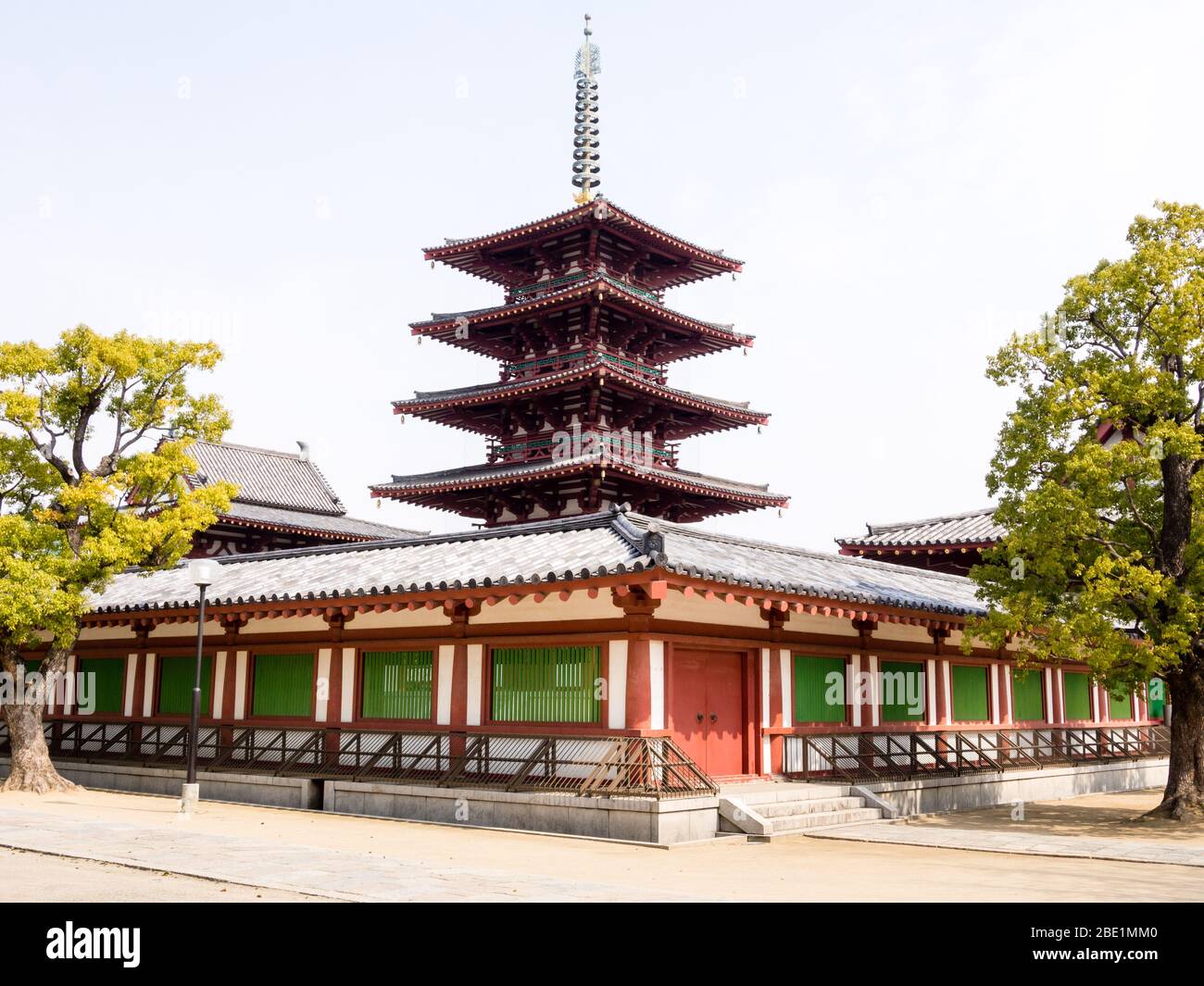 Buddhist temple with red five story pagoda - Shitennoji temple, Osaka ...