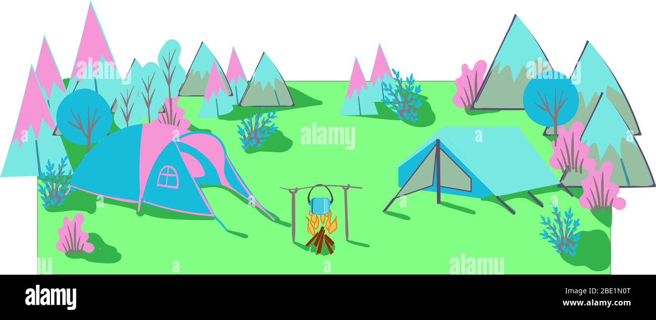 Summer Camp Wildlife Landscape With Tents Camping And Tourism Vector