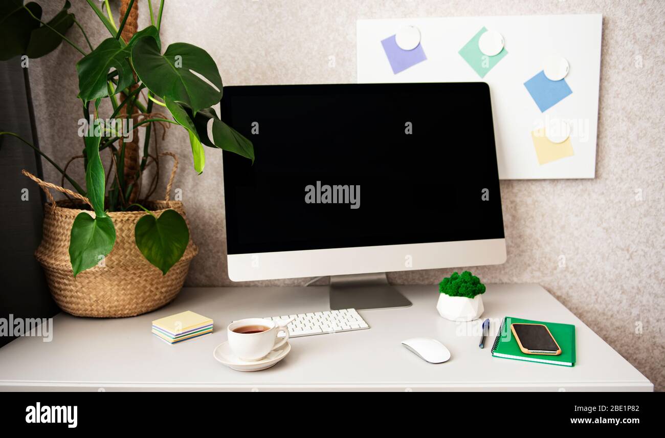 Computer at productive home workplace. Using computers and gadgets to ...