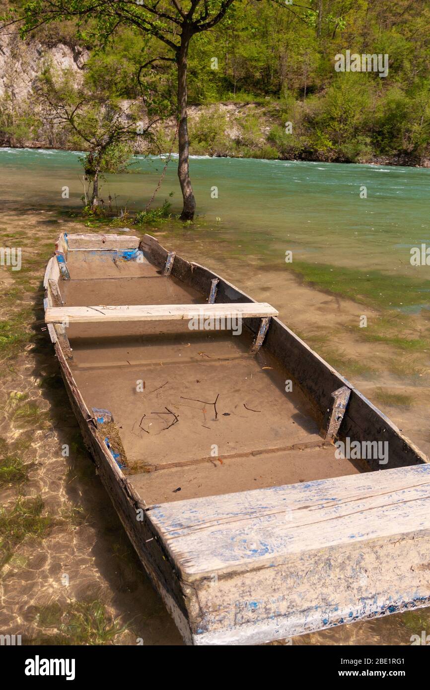 Wooden, traditional boat on the Una River, Bosnia and Herzegovina Stock ...