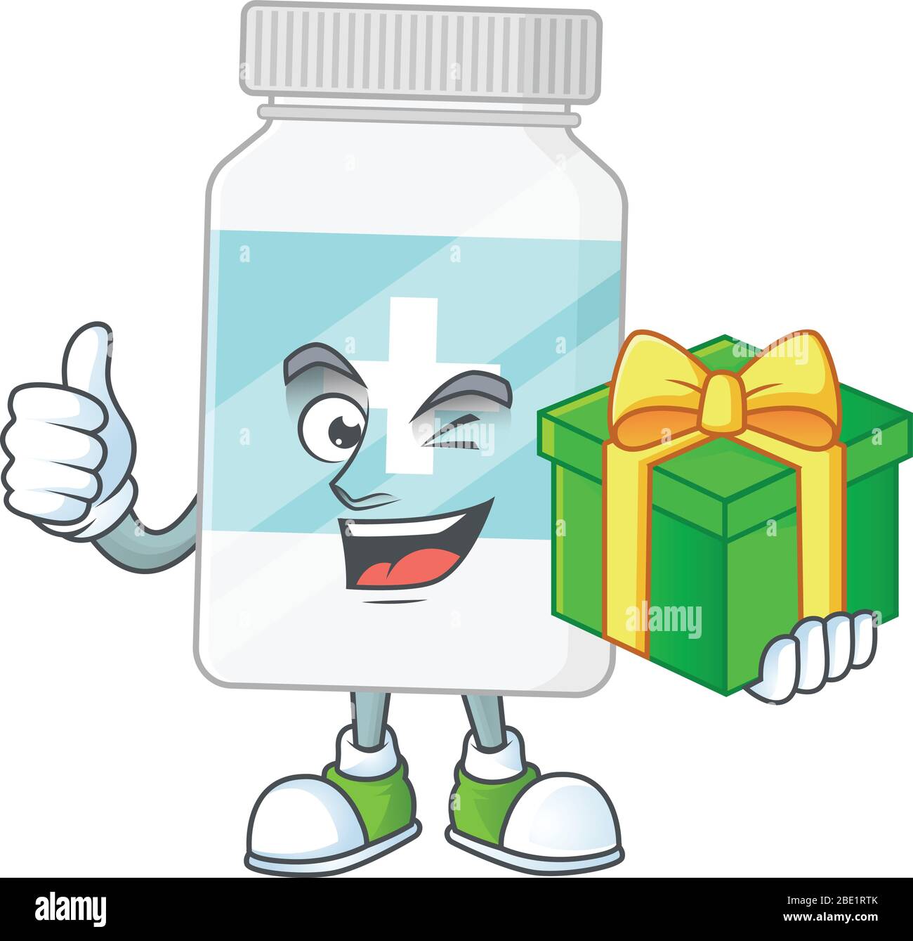 Smiley supplement bottle cartoon character holding a gift box Stock ...