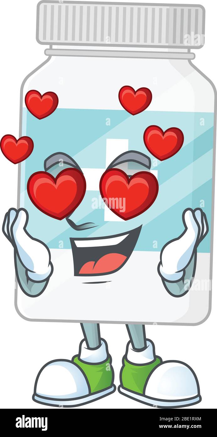 Charming supplement bottle cartoon character with a falling in love ...