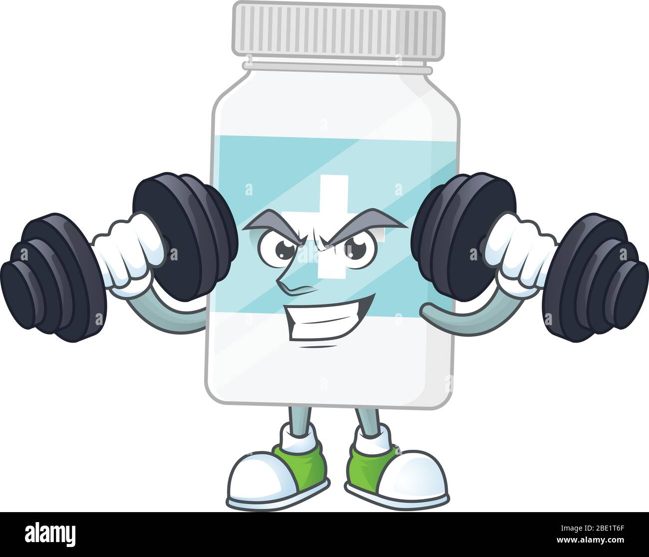 Fitness exercise supplement bottle cartoon character using barbells ...