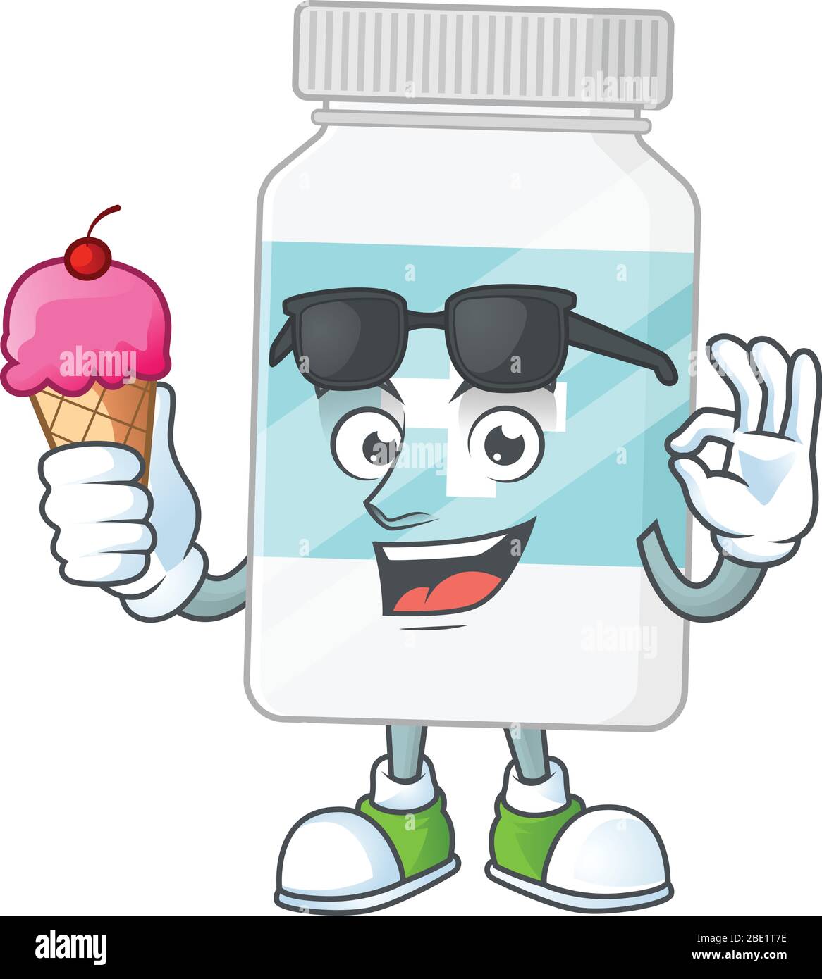 Cute supplement bottle cartoon character enjoying an ice cream Stock ...