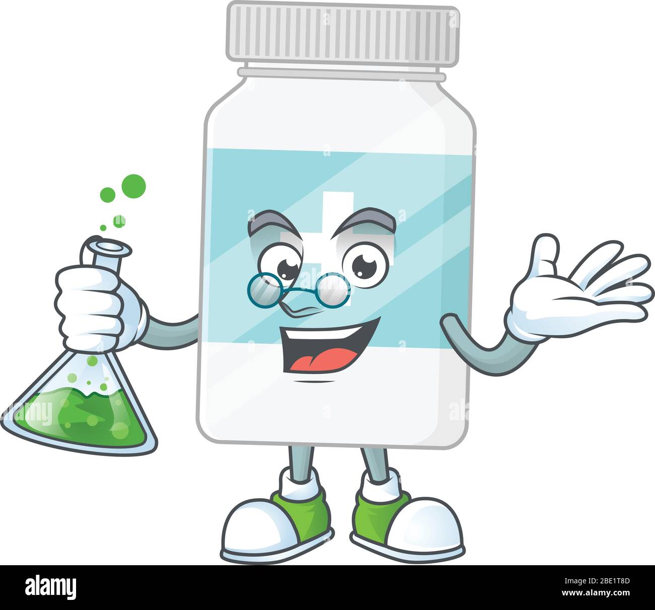 Supplement bottle genius Professor Cartoon character holding glass tube ...
