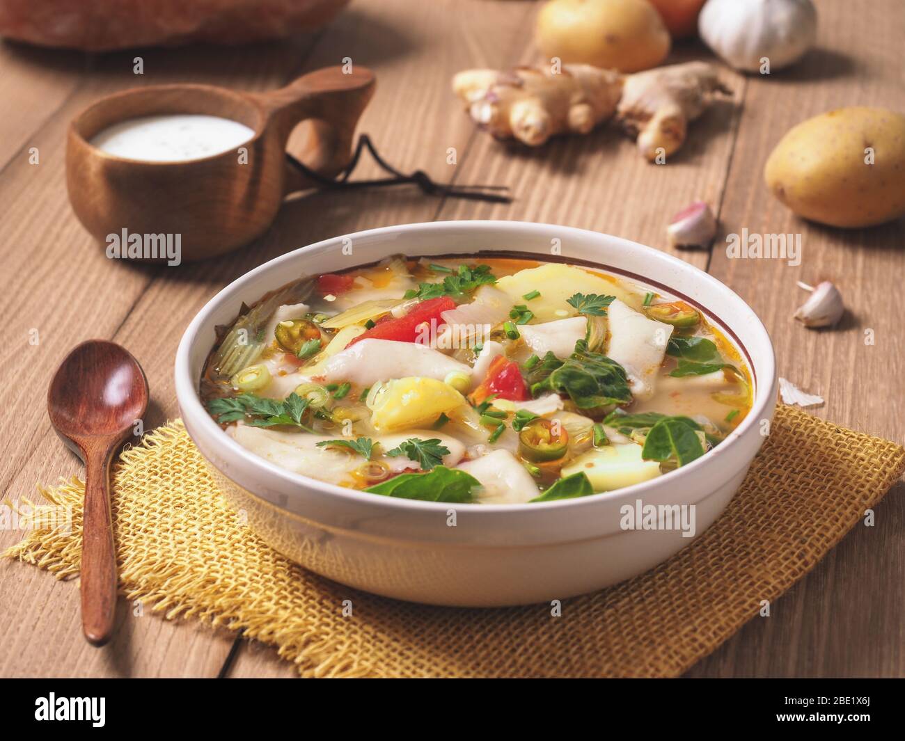traditional thenthuk from tibet, soup with vegetables and bò cha ...