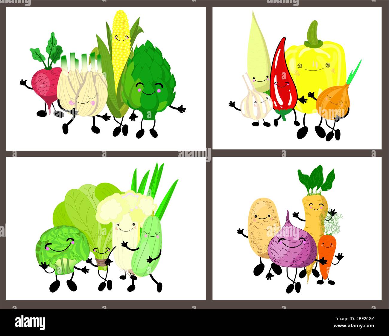 set of cute vegetables with eyes and smiles on a white background. In ...