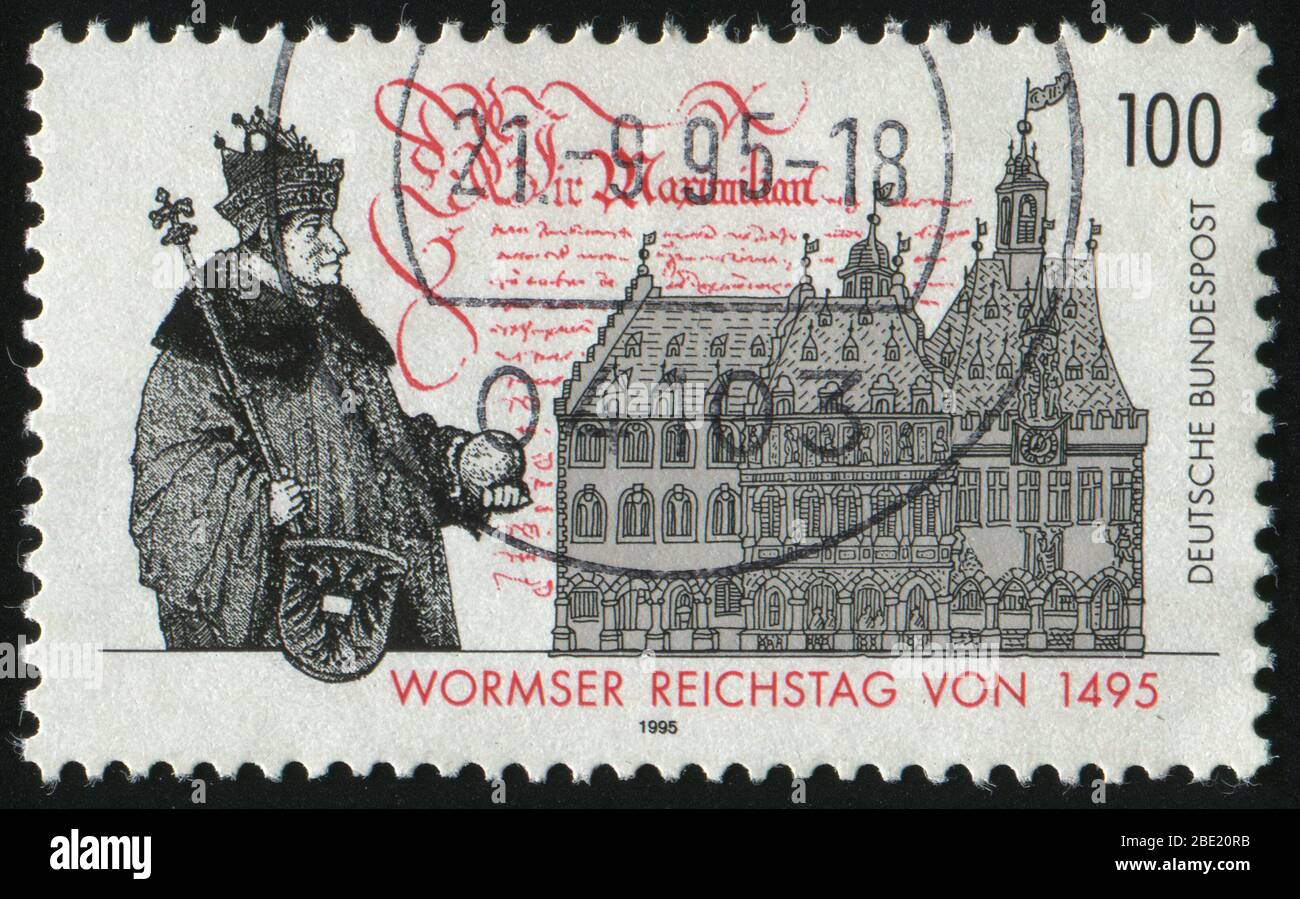 GERMANY- CIRCA 1995: stamp printed by Germany, shows king and castle ...